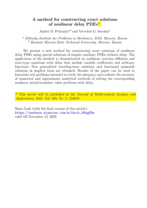 Pdf A Method For Constructing Exact Solutions Of Nonlinear Delay Pdes