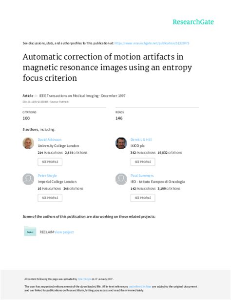 Pdf Automatic Correction Of Motion Artifacts In Magnetic Resonance Images Using An Entropy