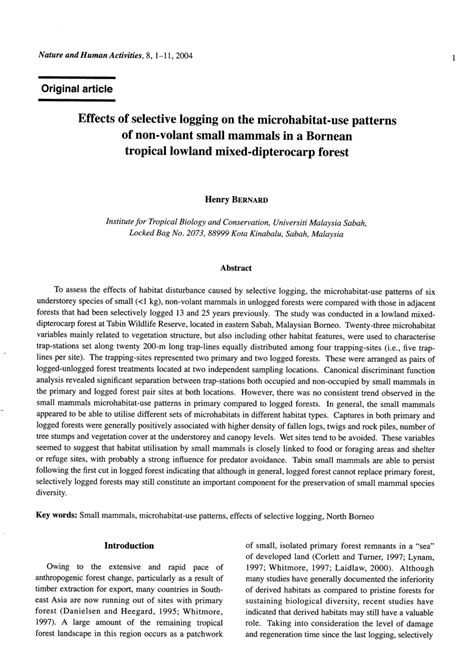 Pdf Effects Of Selective Logging On The Microhabitat Use Patterns Of