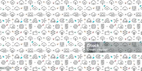 트렌디한 선형 스타일의 클라우드 컴퓨팅을 위한 디자인 템플릿 및 요소 벡터 세트 클라우드 컴퓨팅과 관련된 선형 아이콘이 있는