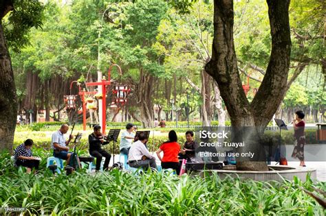 중국 광 동에 있는 산 터 우 또는 스와 토우 시 공원에서 클래식 악기 콘서트를 연주하는 옛 중국인 들이 친구 들을 만나고 노래를 부른다 Classical Concert에