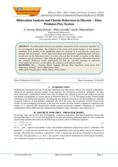 Pdf Bifurcation Analysis And Chaotic Behaviour In Discrete Time Predator Prey System