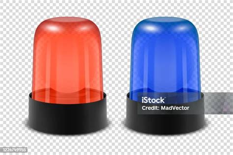 벡터 3d 현실적인 빨간색과 파란색 경찰 점멸 사이렌 사이렌 아이콘은 투명 배경에 격리 닫닫기 설정합니다 빛 경찰 차 구급차 소방차에 대한 비콘 비상 깜박이는 사이렌 정면