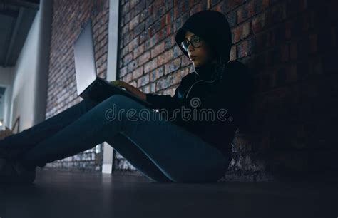Hacker Woman In Dark Room With Laptop And Information Technology Phishing And Cyber Crime With