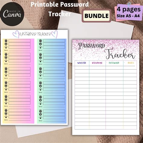 Editable Fillable Password Tracker Bundle 4 Printable Password Log Password Keeper Sheet
