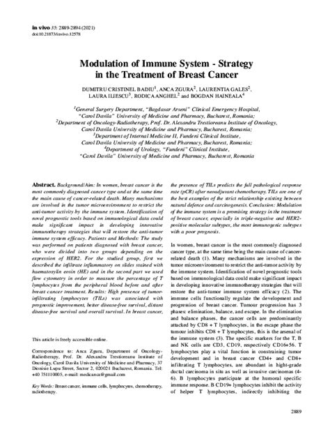 Pdf Modulation Of Immune System Strategy In The Treatment Of Breast