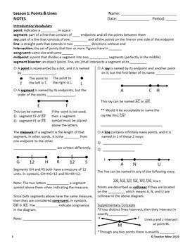 Geometry To The Point Lesson 1 Notes Points Lines By Teacher Mine