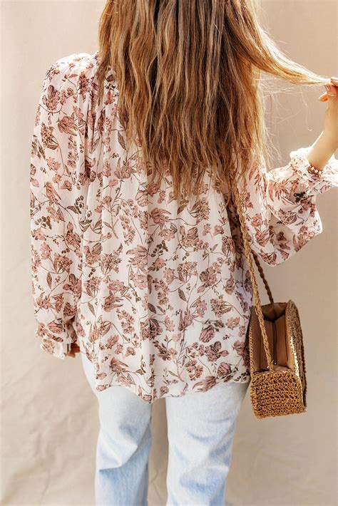 Us 8 03 Drop Shipping Pink Boho Floral Print Split V Neck Bubble Sleeve Blouse For Women