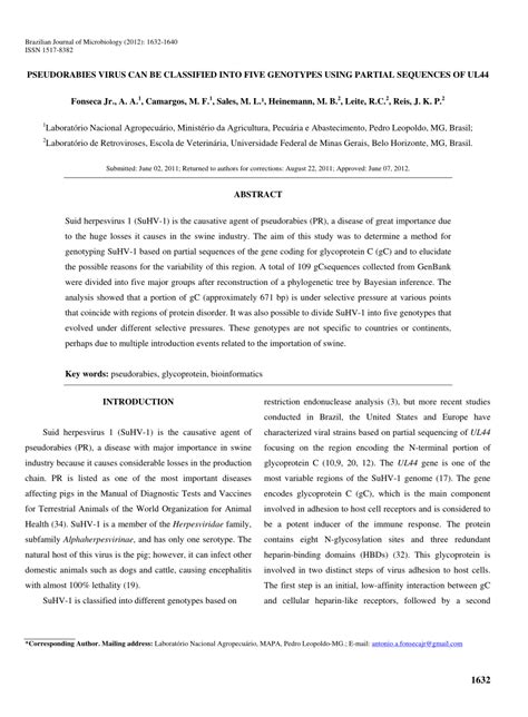 Pdf Pseudorabies Virus Can Be Classified Into Five Genotypes Using Partial Sequences Of Ul44