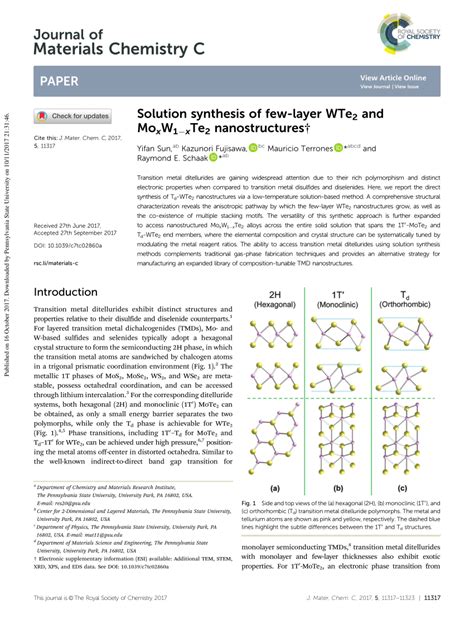Pdf Solution Synthesis Of Few Layer Wte 2 And Mo X W 1−x Te 2 Nanostructures
