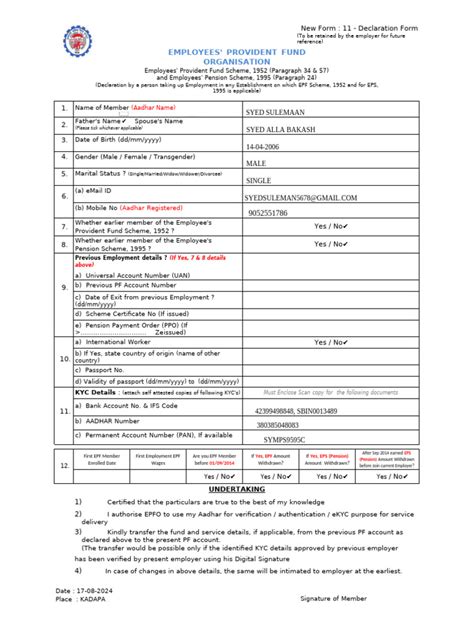 Epf New Form No 11 Declaration Form Pdf