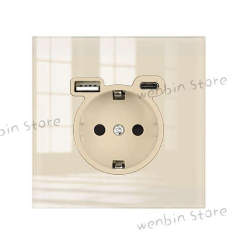 Розетка встраиваемая одинарная с Usb и Type C рамка закаленное стекло 82mm 82mm Золотой купить