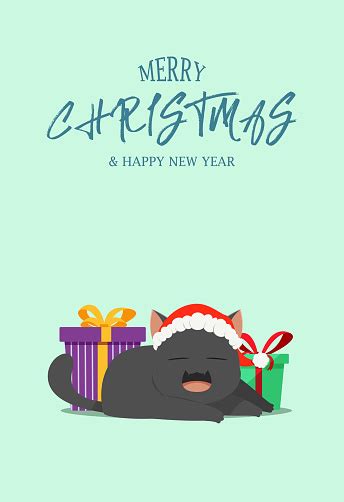 선물 상자 앞에서 자는 동안 산타 모자를 쓴 검은 고양이가 있는 크리스마스 인사말 카드 그림 12월에 대한 스톡 벡터 아트 및 기타 이미지 Istock
