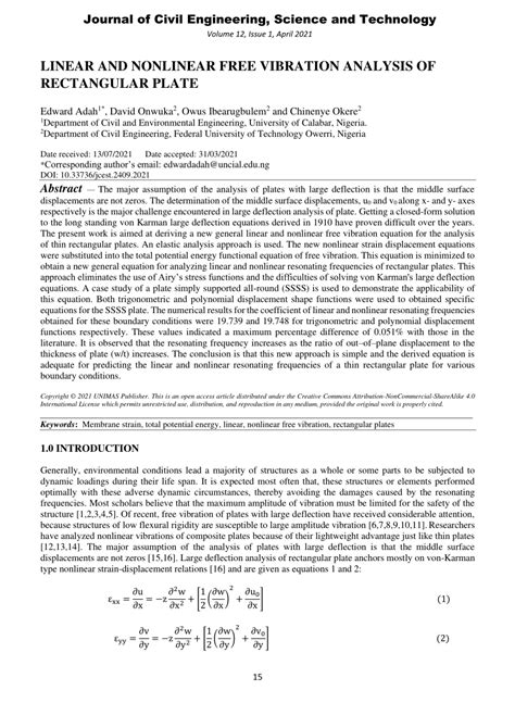 PDF LINEAR AND NONLINEAR FREE VIBRATION ANALYSIS OF RECTANGULAR PLATE