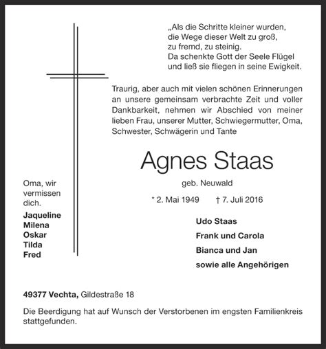 Traueranzeigen Von Agnes Staas Om Trauerde