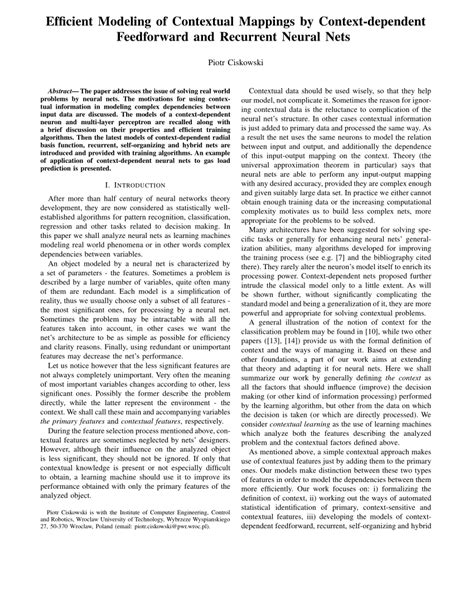 Pdf Efficient Modeling Of Contextual Mappings By Context Dependent Feedforward And Recurrent
