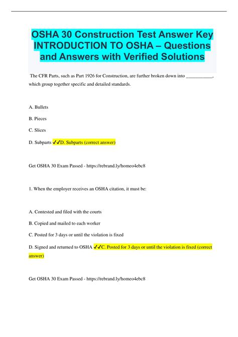 Osha 30 Construction Test Answer Key Introduction To Osha Questions And Answers With Verified