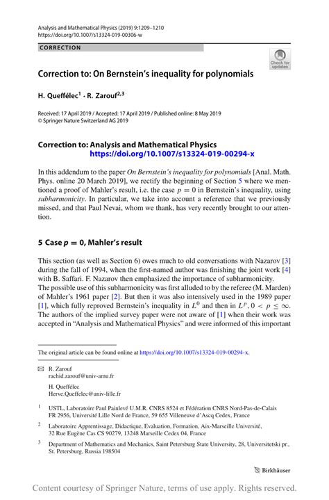 Correction To On Bernsteins Inequality For Polynomials Request Pdf