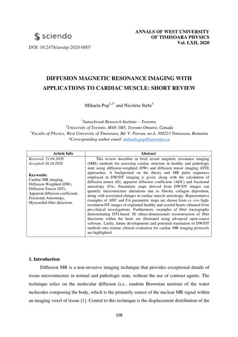 Pdf Diffusion Magnetic Resonance Imaging With Applications To Cardiac Muscle Short Review