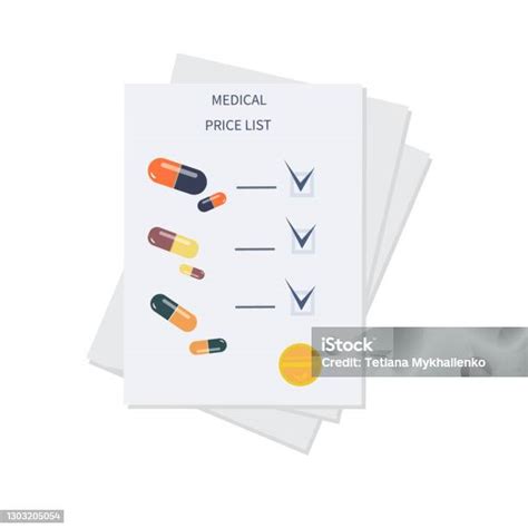 의약품 정제 캡슐에 대한 가격 표 송장 또는 참조 정보 유료 의약품 세트 건강 관리 의학 약국 및 예방 접종 개념 의료 문서 벡터 가격에 대한 스톡 벡터 아트 및 기타