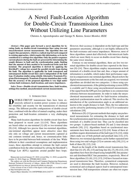 Pdf A Novel Fault Location Algorithm For Double Circuit Transmission