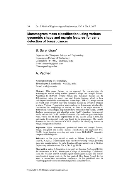 Pdf Mammogram Mass Classification Using Various Geometric Shape And Margin Features For Early