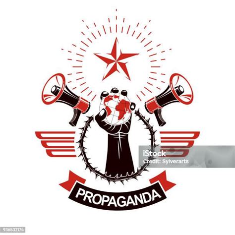 엠 블 럼 장식 벡터 글로브 가시 화 환 및 메가 근육 제기 쥔된 주먹으로 구성 정치 그리고 주의의 구성 요소로 권위입니다