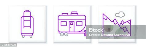 세트 라인 산 여행 가방 및 Rv 캠핑 트레일러 아이콘 벡터 0명에 대한 스톡 벡터 아트 및 기타 이미지 0명 가방 관광 Istock