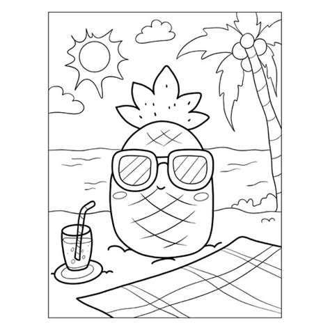 Раскраска Ананас в солнечных очках на пляже распечатать раскраски для детей