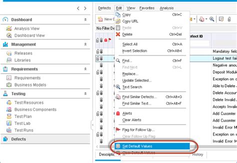 HP ALM Filter Conditions Find Replace Flags History Send Mail