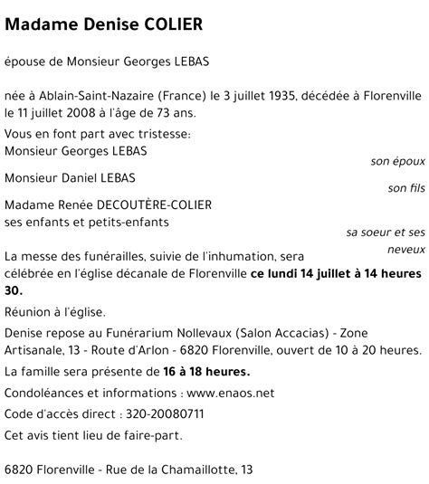 Avis De Décès De Denise Colier Décédé Le 11 07 2008 à Florenville
