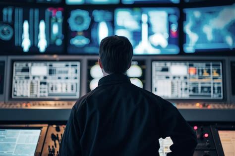 Man In Mission Control Room Monitoring Rocket Launch Data Premium Ai Generated Image