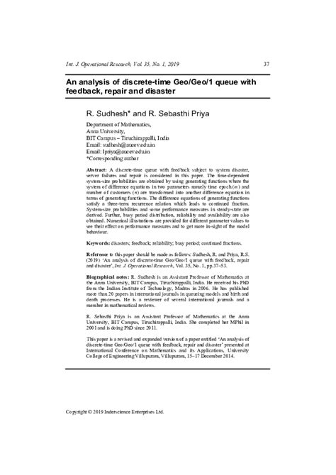 Pdf An Analysis Of Discrete Time Geogeo1 Queue With Feedback Repair And Disaster