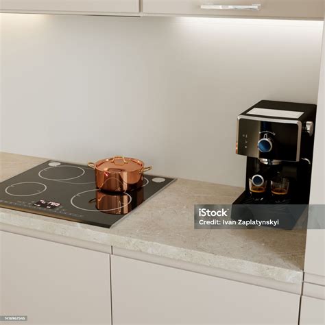 현대적인 주방 인테리어의 커피 메이커 및 유도 표면 3d 렌더링 가구에 대한 스톡 사진 및 기타 이미지 가구 가열장치 가정 주방 Istock