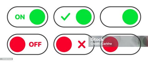 켜기 및 끄기 토글 스위치 아이콘 스위치 토글 버튼을 On Off 재질 디자인 스위치 버튼이 설정됩니다 Ui 아이콘을 열고 닫습니다 활성 및 비활성 아이콘입니다 스톡 벡터