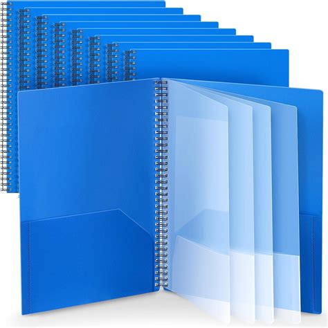 Seajan 8 Pcs 10 Pocket Folder Translucent Blue Sturdy Plastic Spiral Portfolio