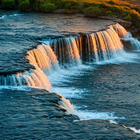 Cascading Waterfall Flows Over A Curved Rock Ledge Bathed In Warm