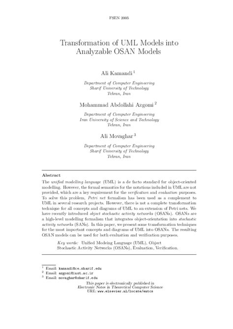 Pdf Transformation Of Uml Models Into Analyzable Osan Models Ali