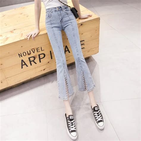 카프리 스키니 청바지 여성용 하이 웨이스트 2022 봄 여름 신상품 다이아몬드 슬리밍 다목적 스플릿 플레어 팬츠 패션 카프리 스키니진 Aliexpress