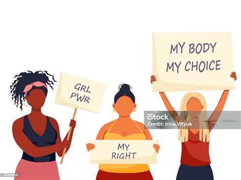 시위 또는 피켓에 표지판 배너 및 플래 카드를 들고 있는 여성의 벡터 일러스트레이션 폭력 차별 인권 침해에 반대하는 여성 Revolution에 대한 스톡 벡터 아트 및 기타
