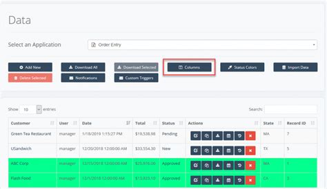 Adding Or Removing Data Columns In The Data Page