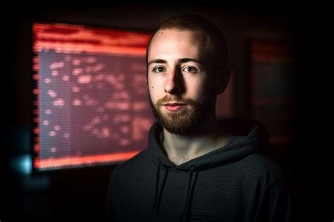 A Man Standing In Front Of A Computer Screen That Says Html On It Premium Ai Generated Image