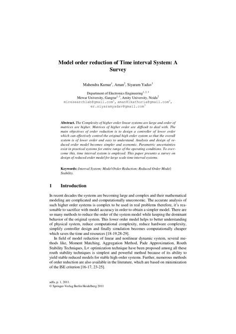 Pdf Model Order Reduction Of Time Interval System A Survey