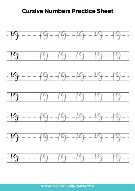 Free Printable Cursive Numbers Practice Sheet Number 19 Freebie