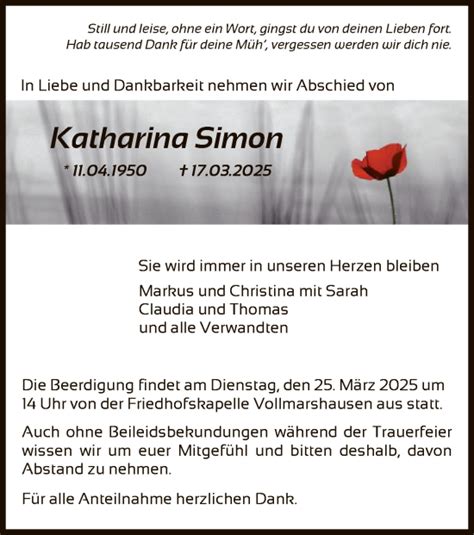 Traueranzeigen Von Katharina Simon Trauer Hna De