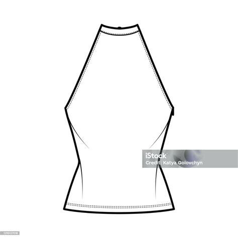 탑 크롭 하이 넥 홀터 탱크 코튼 저지 테크니컬 패션 일러스트와 활 슬림 핏 허리 길이 플랫 0명에 대한 스톡 벡터 아트 및