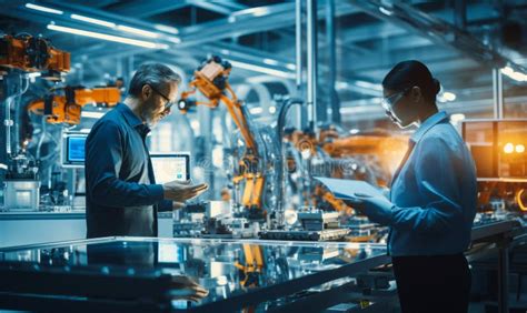 Futuristic Ai Driven Robotic Assembly Line Monitoring By Managers Stock