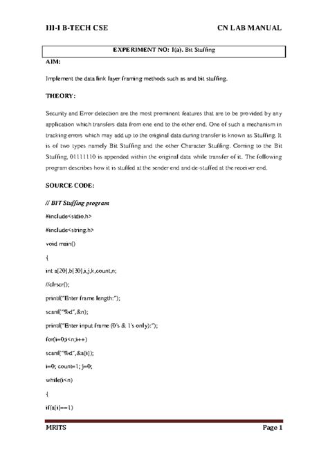 3cn Lab Manual Cse Computernetworks Experiment No 1a Bit Stuffing Aim Implement The