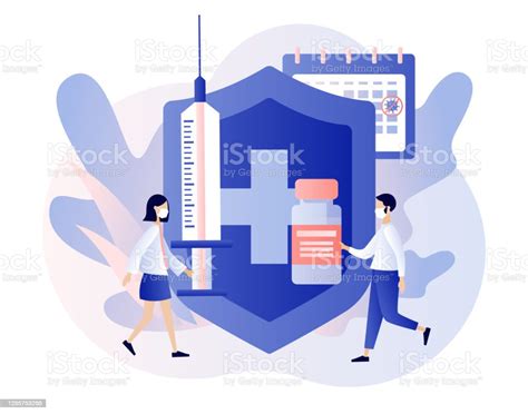 예방 접종 개념 예방 접종 시간 백신 주사기 병 보호 및 달력의 큰 징후를 가진 작은 사람들 의사 현대 플랫 만화 스타일 흰색 배경의 벡터 그림 건강관리와 의술에 대한 스톡