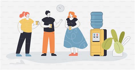 동료들이 커피를 마시며 이야기를 나누고 있다 만화 젊은이들은 물 디스펜서 플랫 벡터 일러스트레이션 옆에서 험담을 한다 직장 배너 웹 사이트 디자인 또는 랜딩 웹